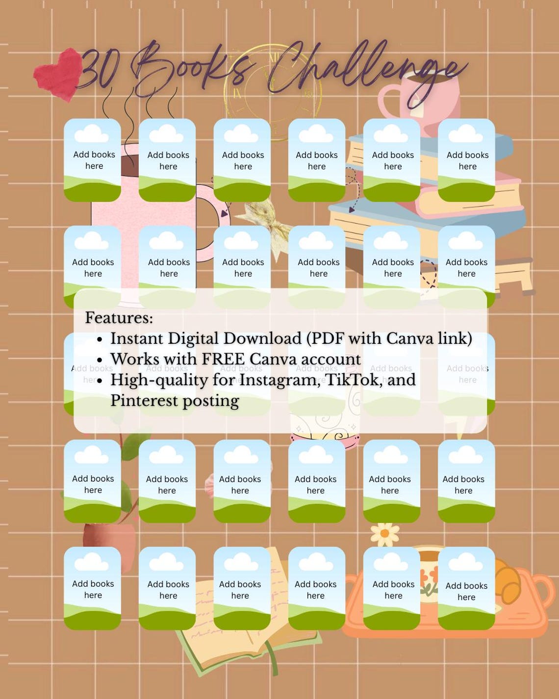 30 Books Reading Challenge Template | Booktok & Bookstagram (canva ...