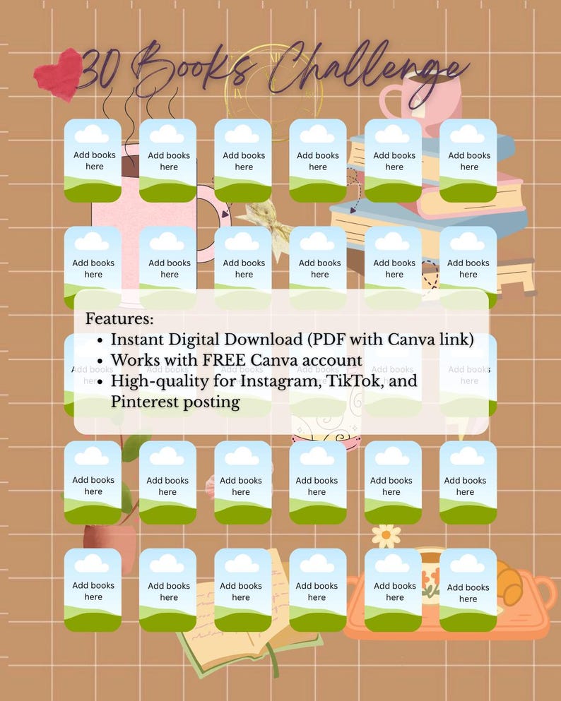 30 Books Reading Challenge Template | Booktok & Bookstagram (canva ...