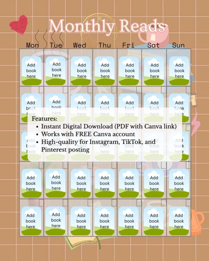 Monthly Reading Tracker Canva Template | Book Journal (digital Download ...
