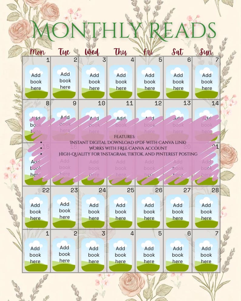 Monthly Reading Tracker Canva Template | Digital Reading Log | Book ...
