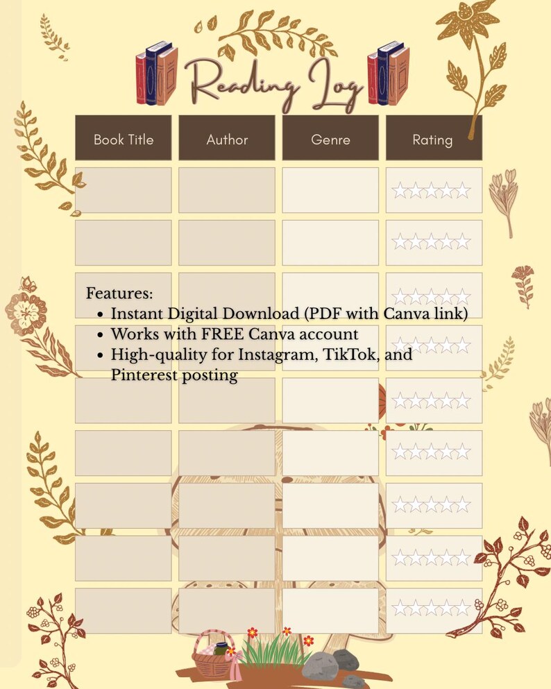 Cottagecore Floral Reading Log Template: Digital Book Journal (PDF ...