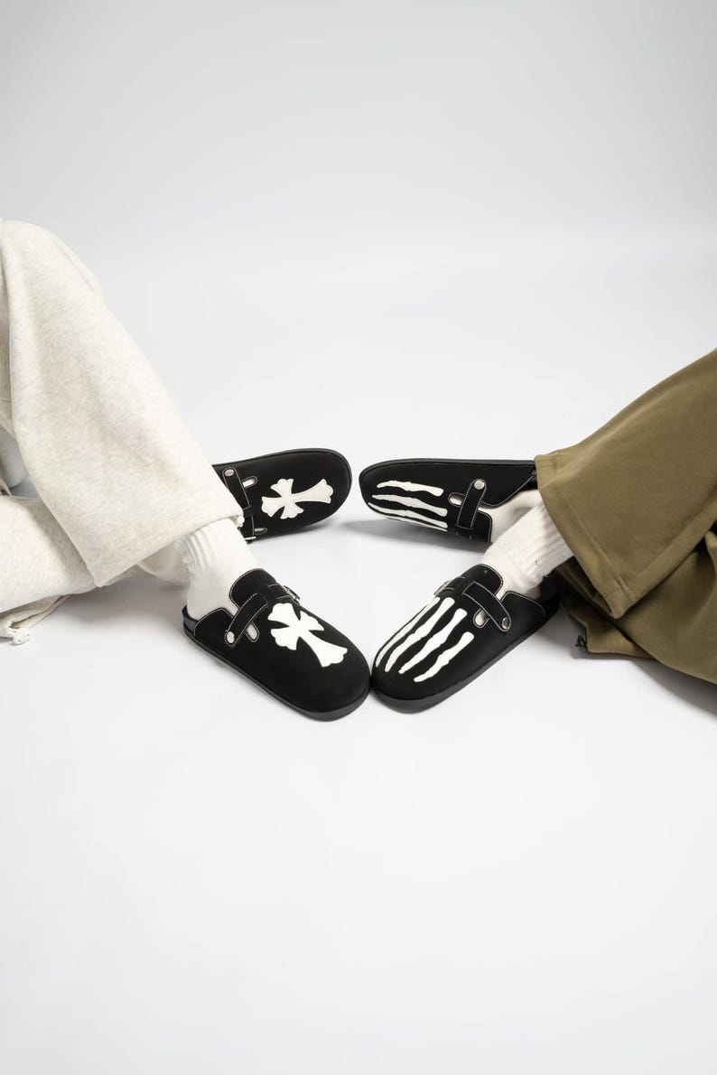 Gothic Suede Clogs: Cross & Skeleton Design - Unisex Streetwear Mules ...