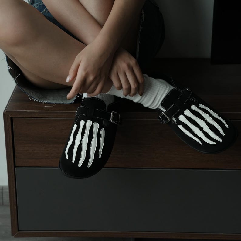 Gothic Suede Clogs: Cross & Skeleton Design - Unisex Streetwear Mules ...