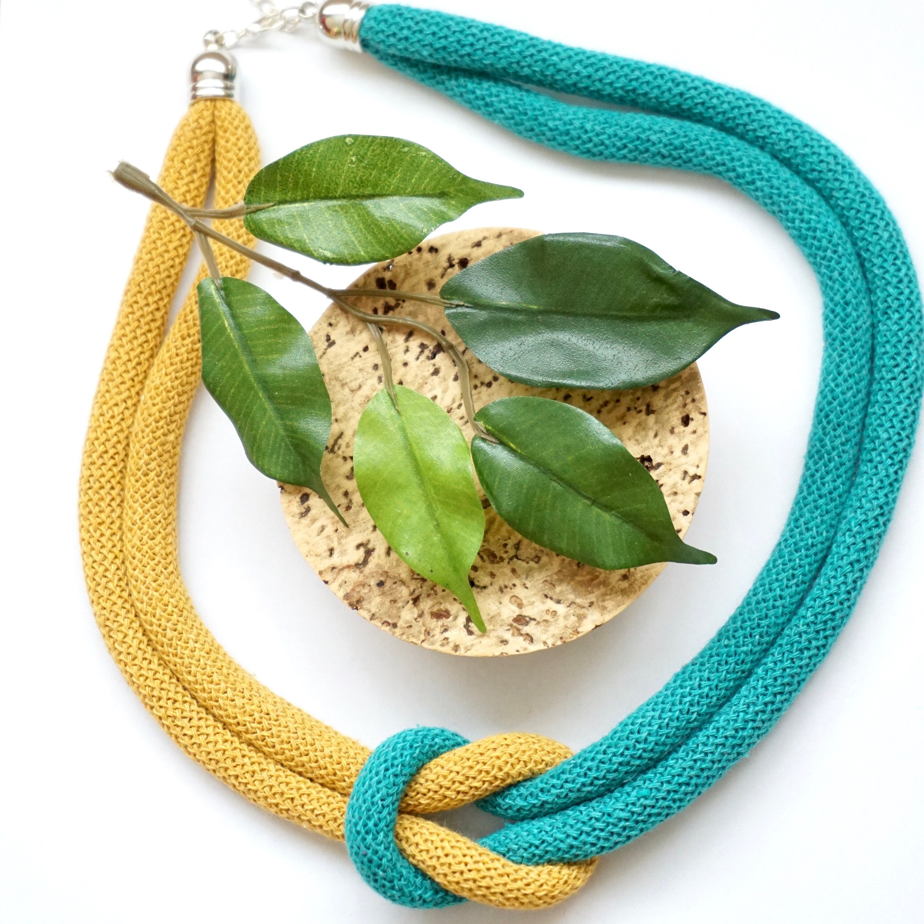 Yellow turquoise rope necklace cotton fabric necklace | Etsy