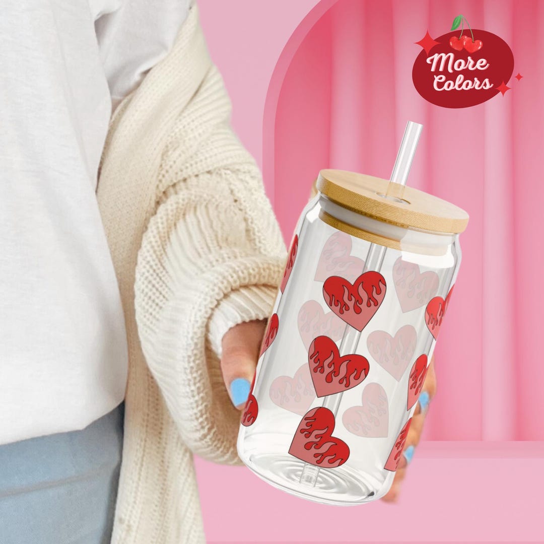 Pink or Red Flaming Heart 16 Oz Glass Tumbler Bamboo Lid Valentines Day ...