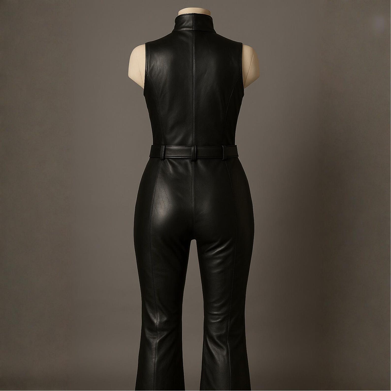Women’s Black Sheep Leather Jumpsuit, Sleeveless Zip Front Catsuit With ...