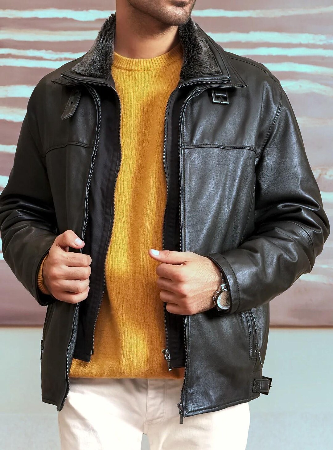 Men’s Long Aviator Jacket – Genuine Leather Coat With Removable Lining ...