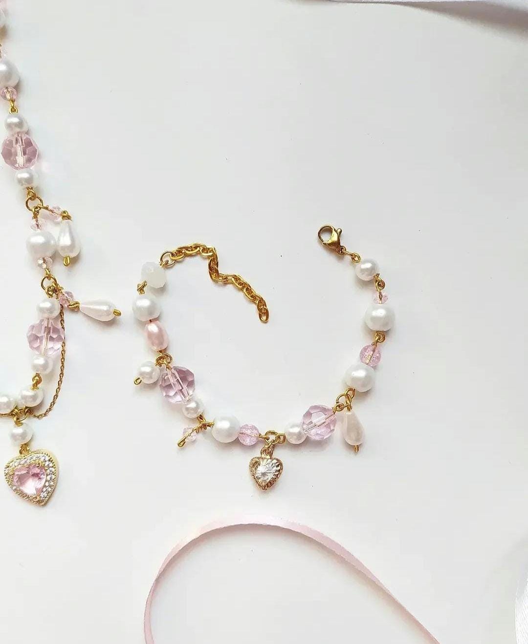 Pink Princess Jewelry Set, Crystal and Pearls, Heart Charm Necklace ...