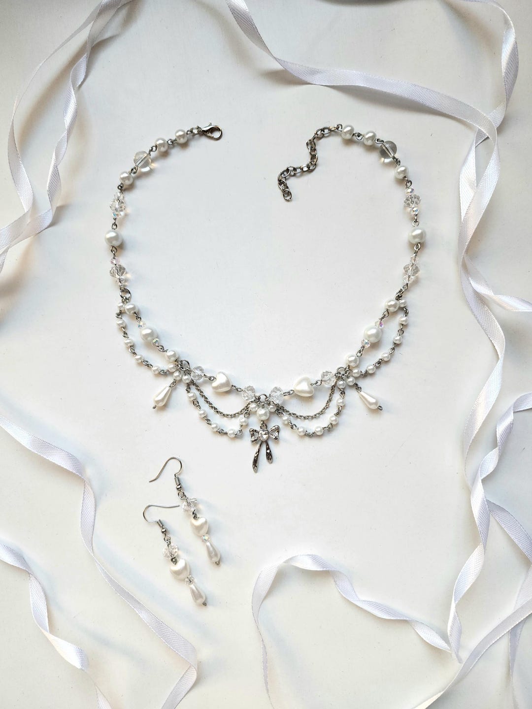 White Ivory Princess Jewelry Set, Crystal and Pearls, Bow Charm ...