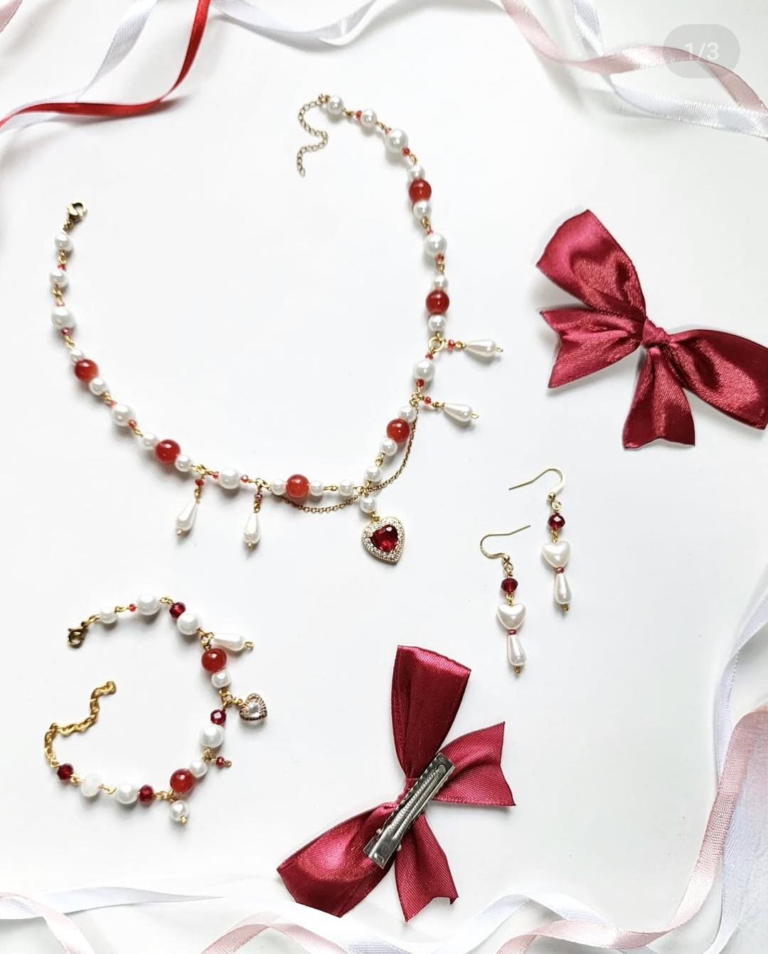 Red Princess Jewelry Set, Crystal and Pearls, Heart Charm Necklace ...