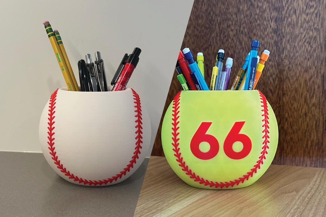 Baseball/softball Pen Holder - Desktop Pencil Cup With Custom Number ...