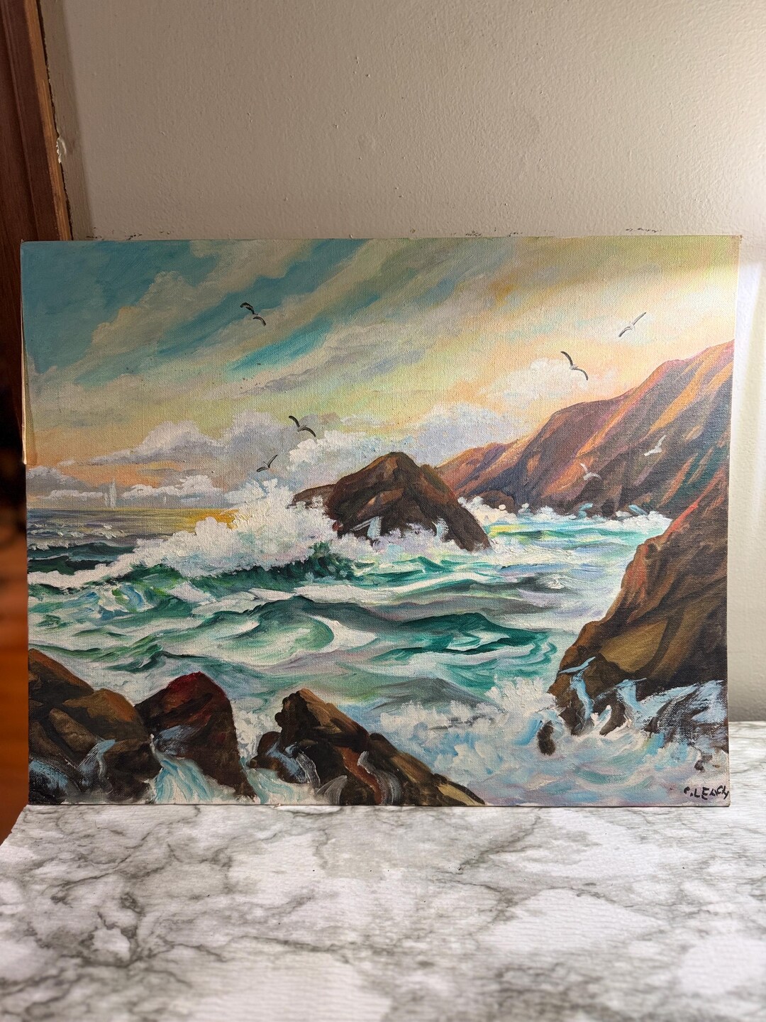 Vintage Coastal Seascape Painting – Ocean Waves Crashing on Rocky Shore ...
