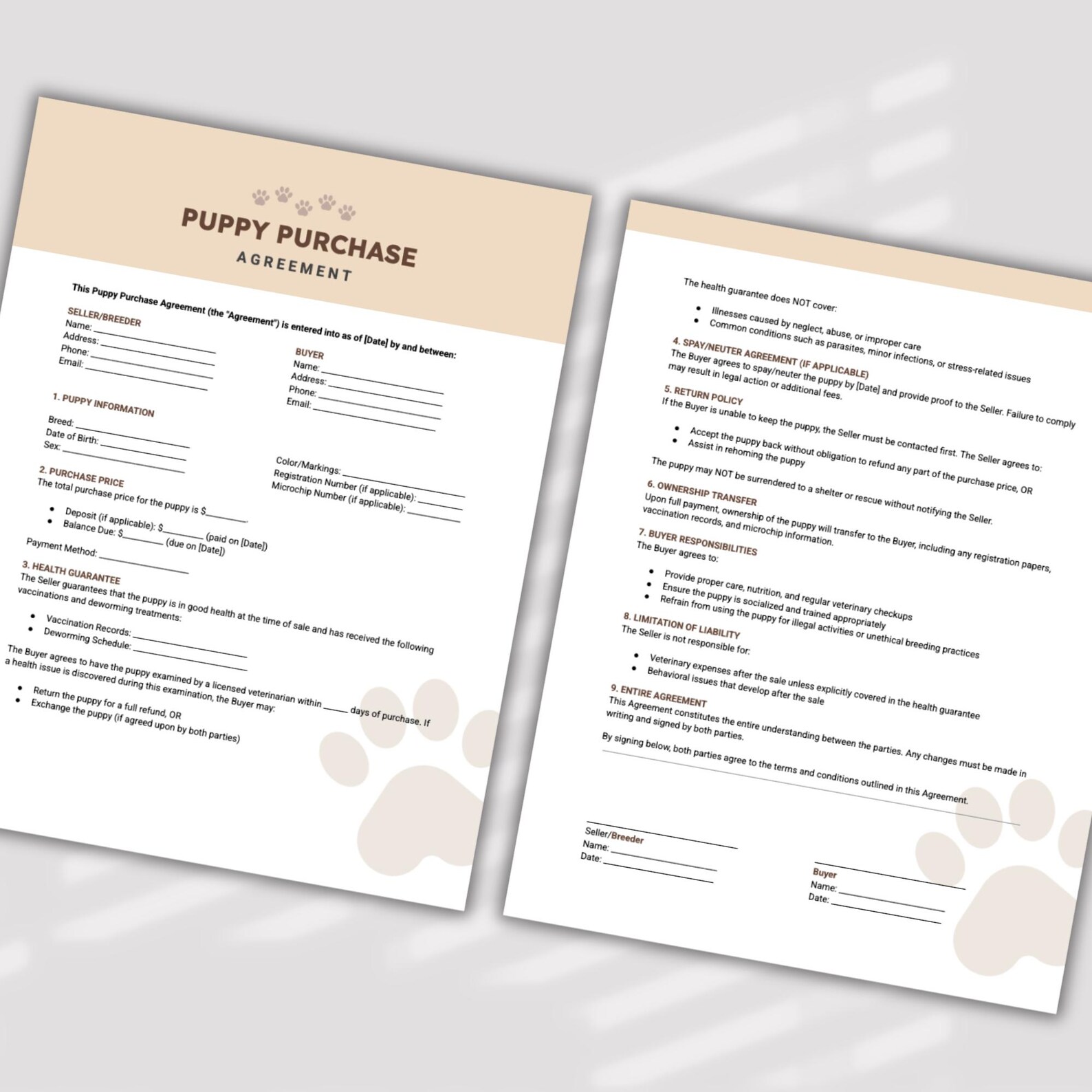 Puppy Sale Contract Template for Google Docs Editable Puppy Purchase ...