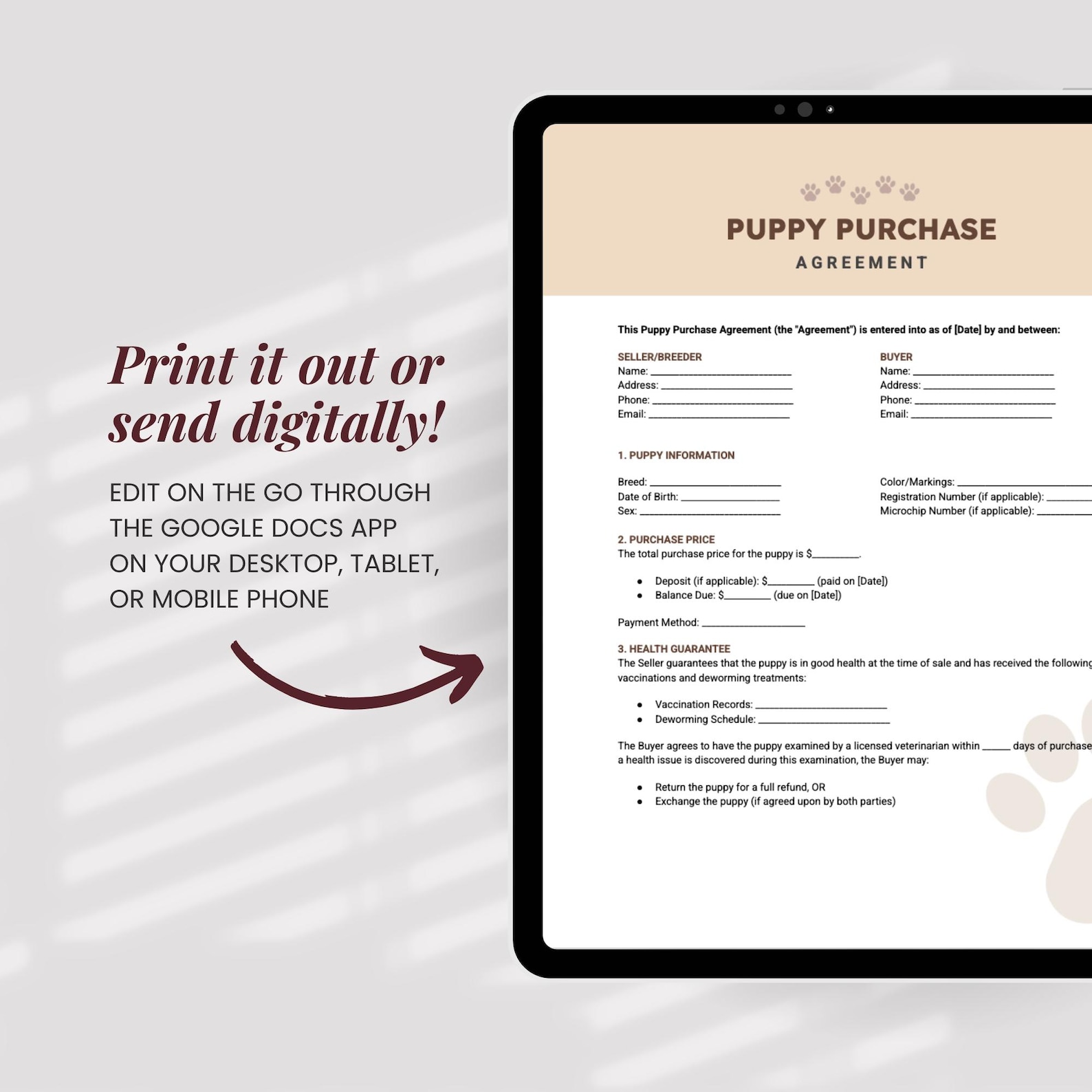 Puppy Sale Contract Template for Google Docs Editable Puppy Purchase ...