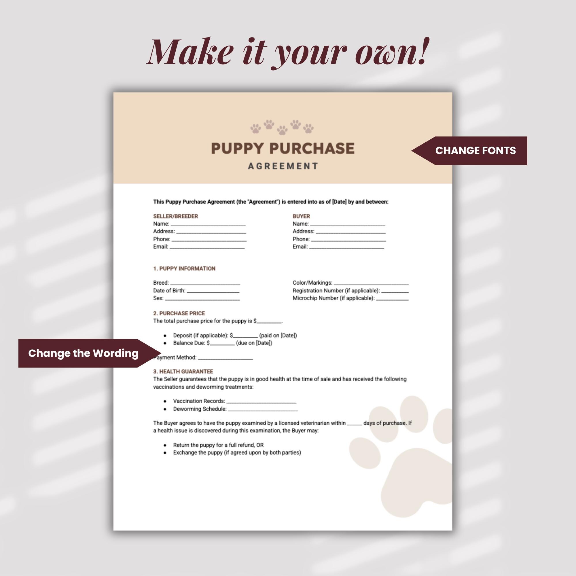 Puppy Sale Contract Template for Google Docs Editable Puppy Purchase ...