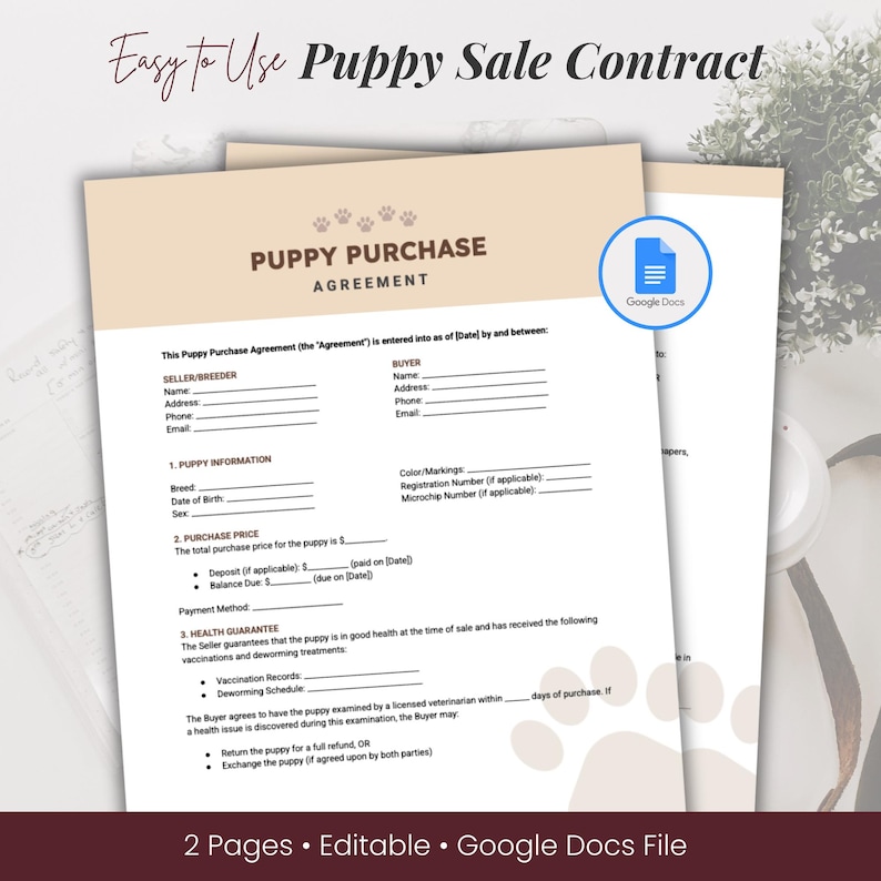 Puppy Sale Contract Template for Google Docs Editable Puppy Purchase ...