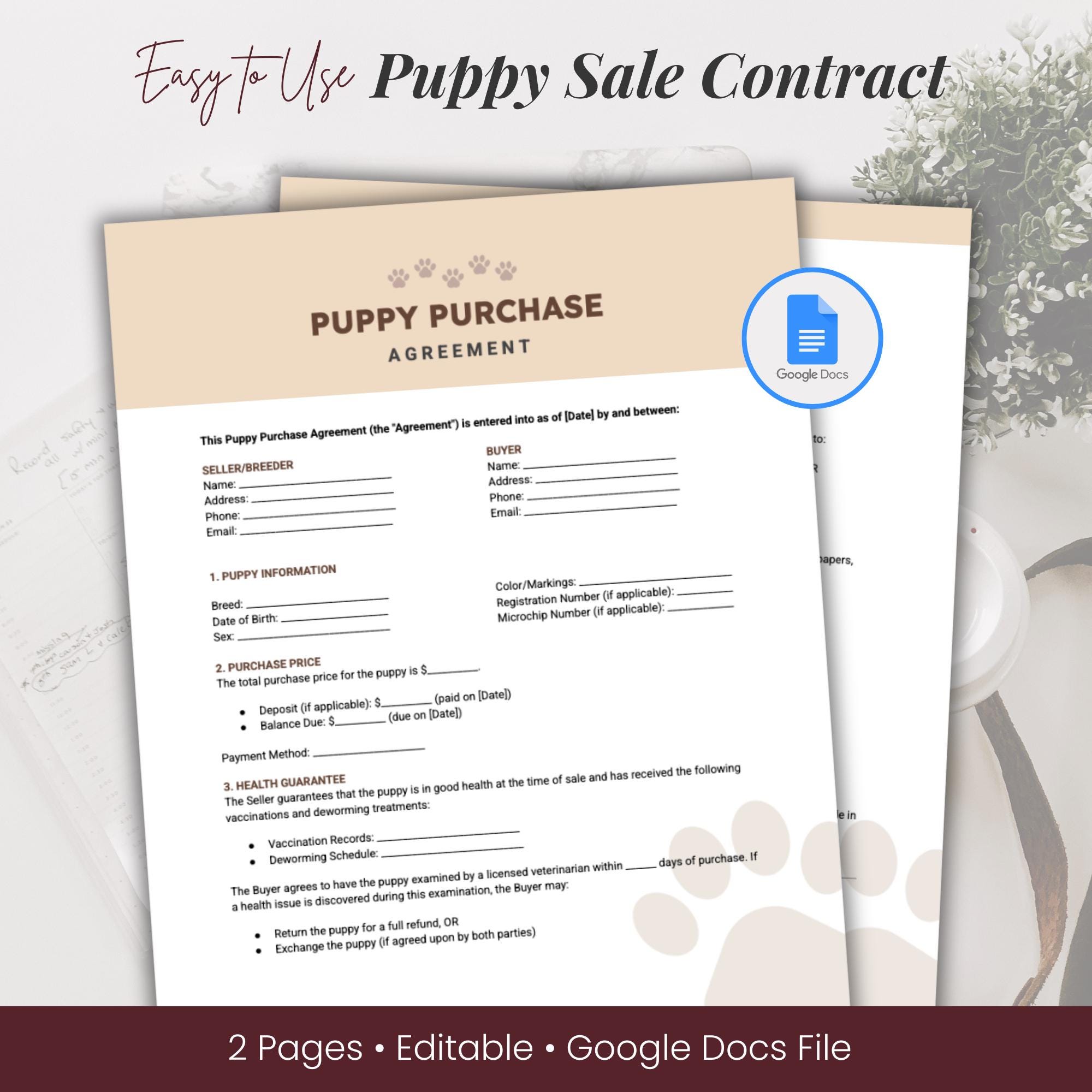 Puppy Sale Contract Template for Google Docs Editable Puppy Purchase ...