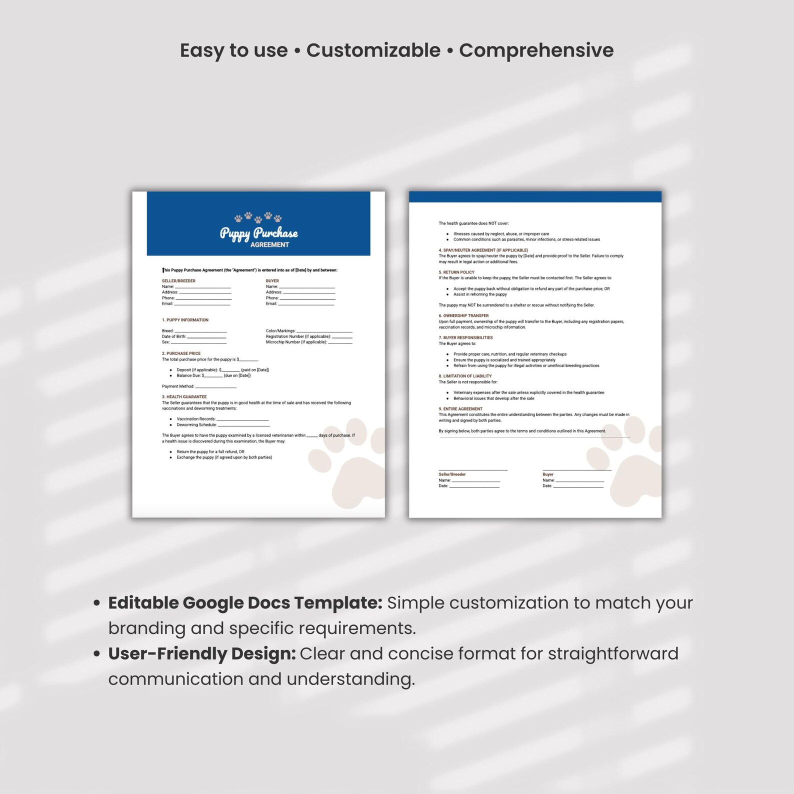 Puppy Purchase Agreement Contract Google Docs Template for Puppy Sales ...