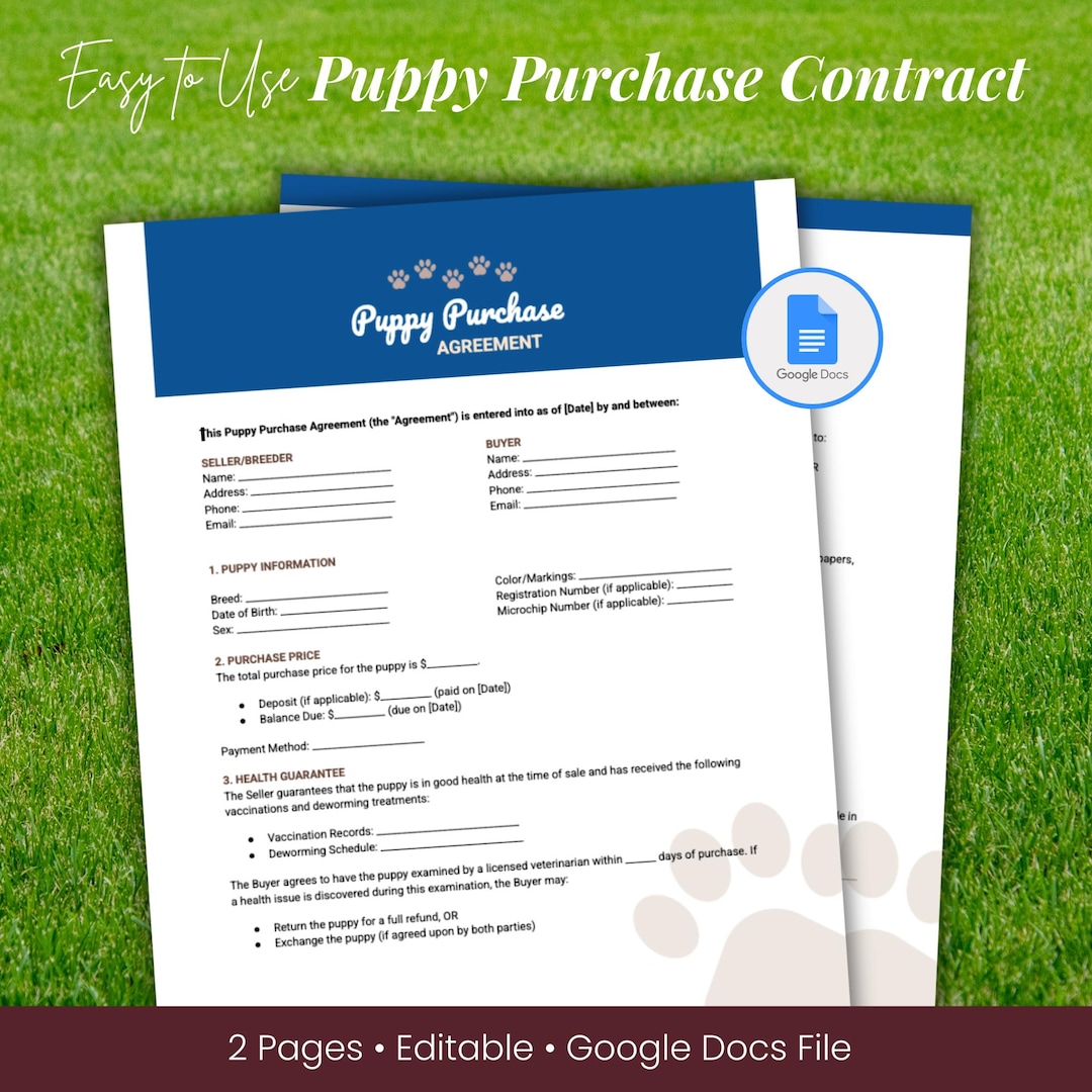 Puppy Purchase Agreement Contract Google Docs Template for Puppy Sales ...