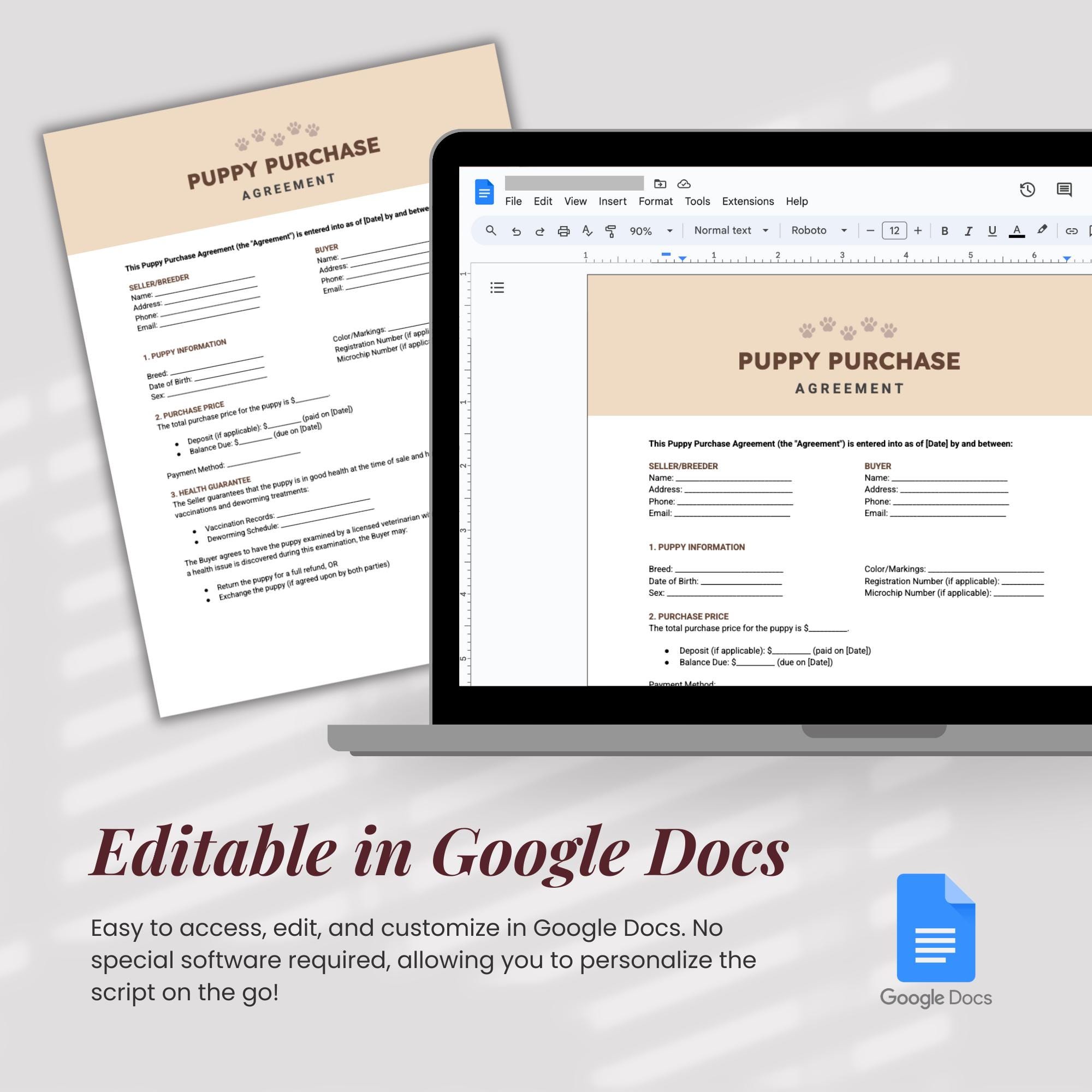 Puppy Sale Contract Template for Google Docs Editable Puppy Purchase ...