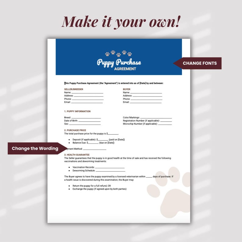 Puppy Purchase Agreement Contract Google Docs Template for Puppy Sales ...