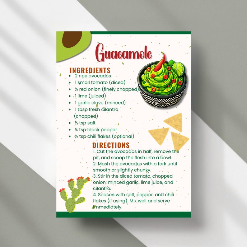 Guacamole Recipe Card | Digital Download | Mexican Food Printable ...