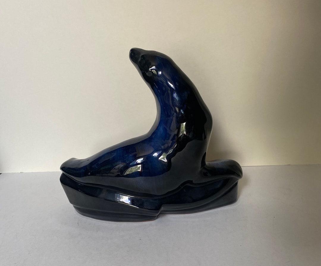 Beautiful 7” Tall - Cobalt Blue and Black Glazed TERRA COTTA SEAL - Etsy