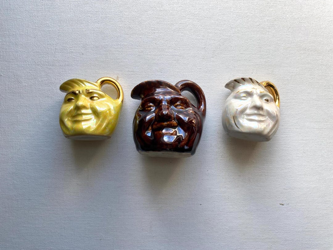 3 - Man in the Moon Face Pitchers - 2 1/2” and 3” - Unmarked - Yellow ...