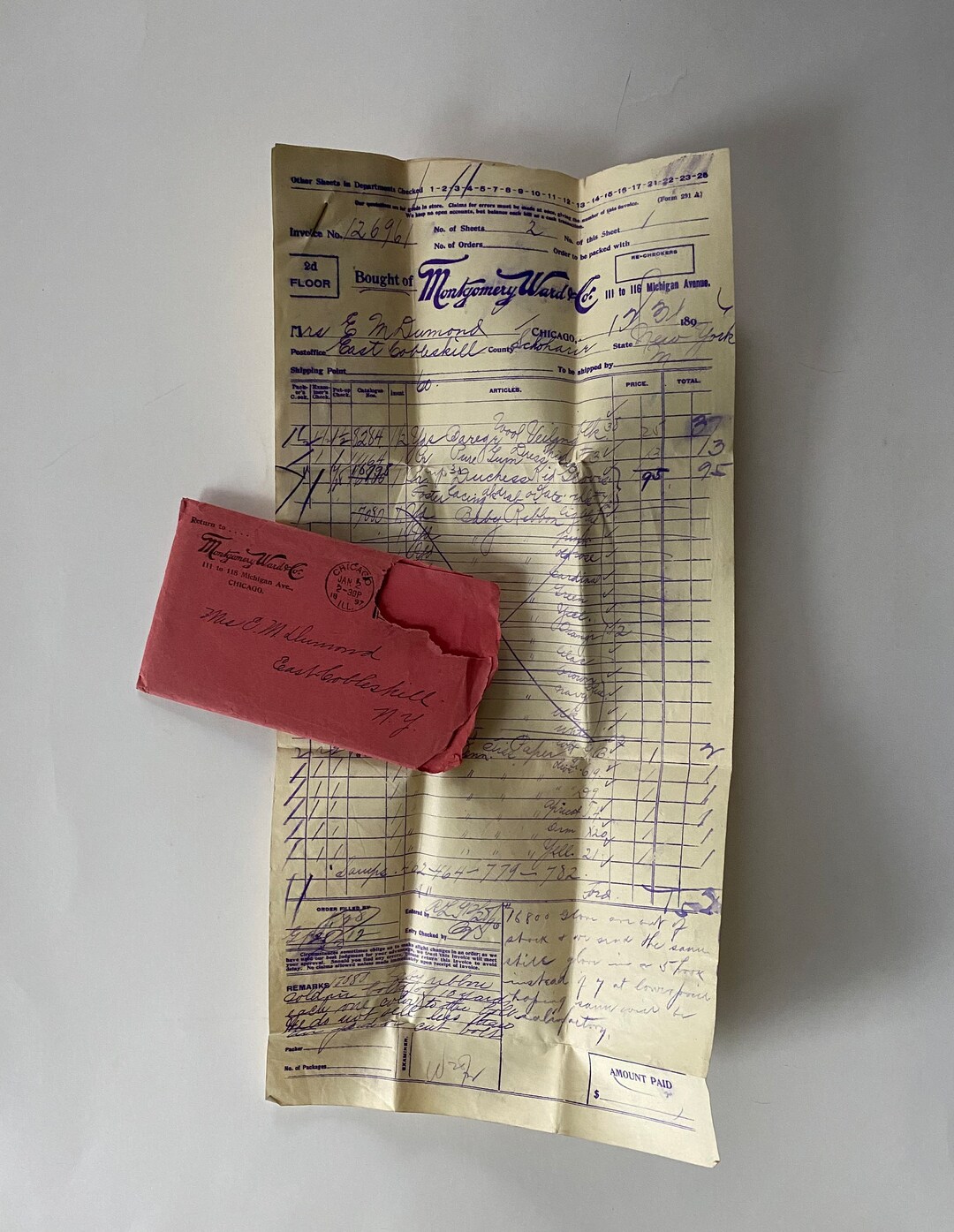 1897 Chicago Montgomery Ward Receipts & Envelope Addressed East ...