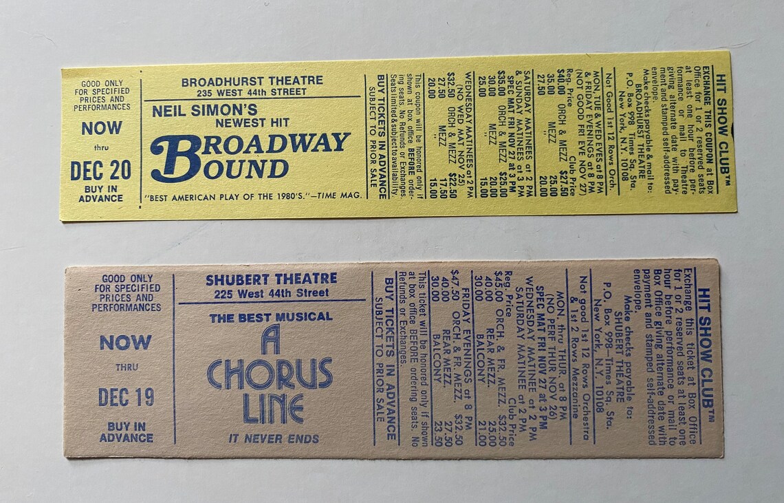 5 1980s New York City Broadway Theater Ticket Coupons - Etsy