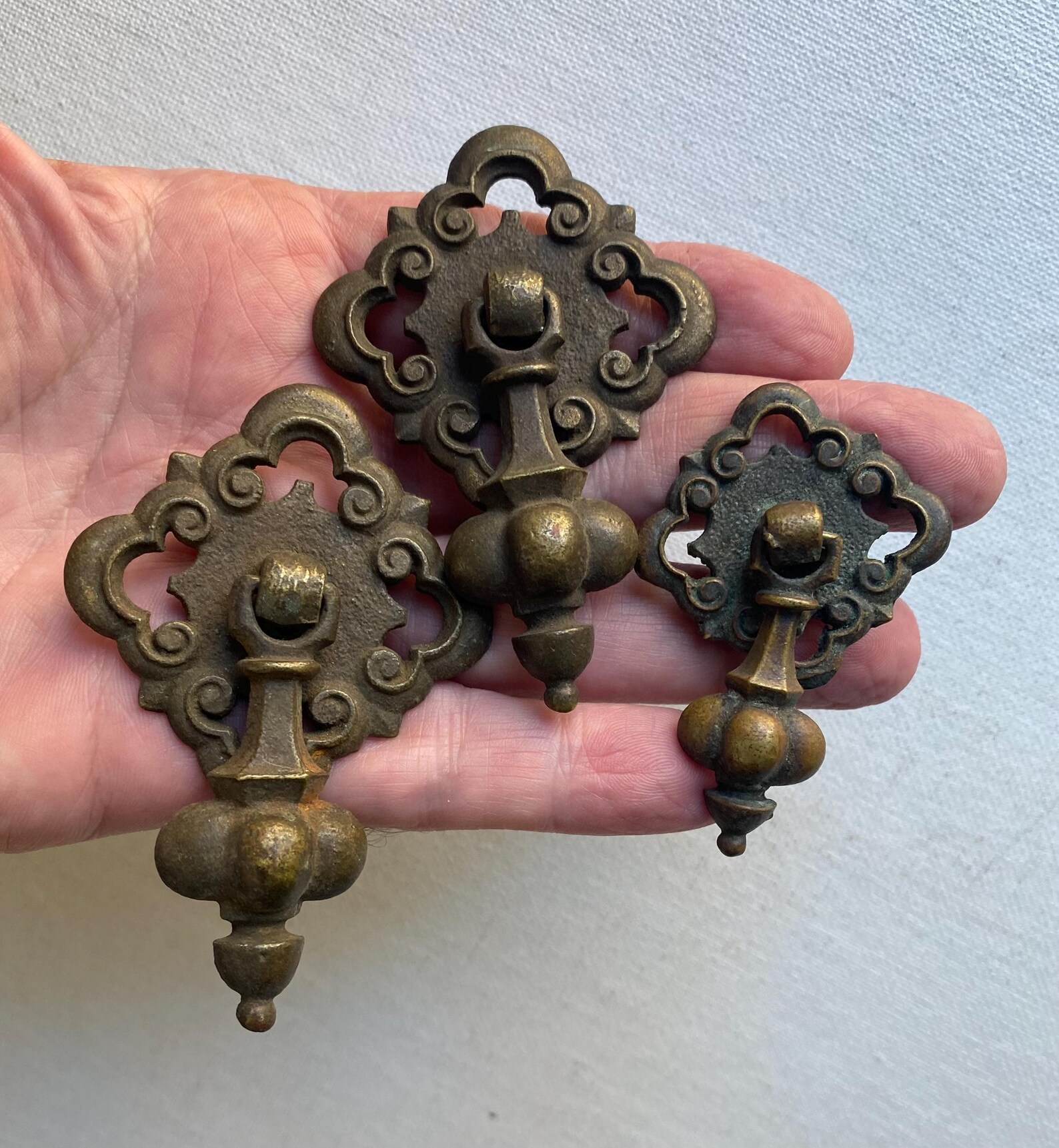 2 Large, 1 Small Solid Brass Victorian Furniture Drop Pulls Victorian ...