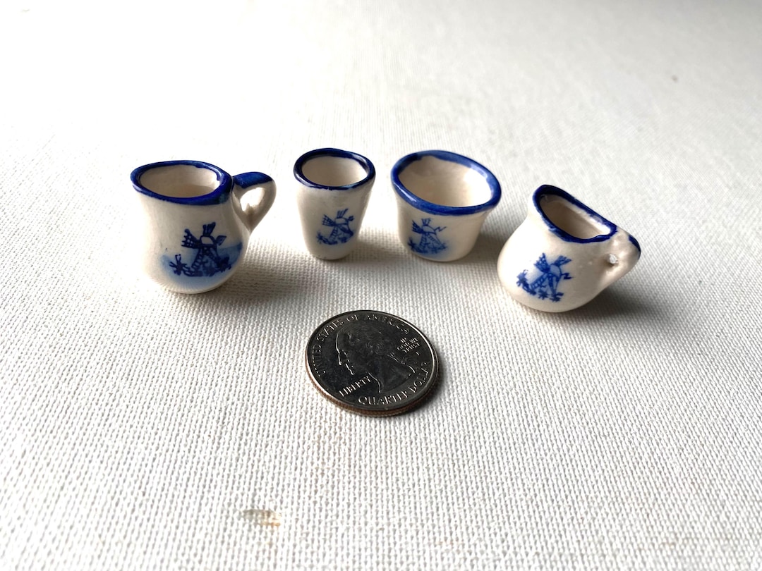 4 Piece - Miniature Delft Style Dollhouse Set - Blue and White Ceramic ...