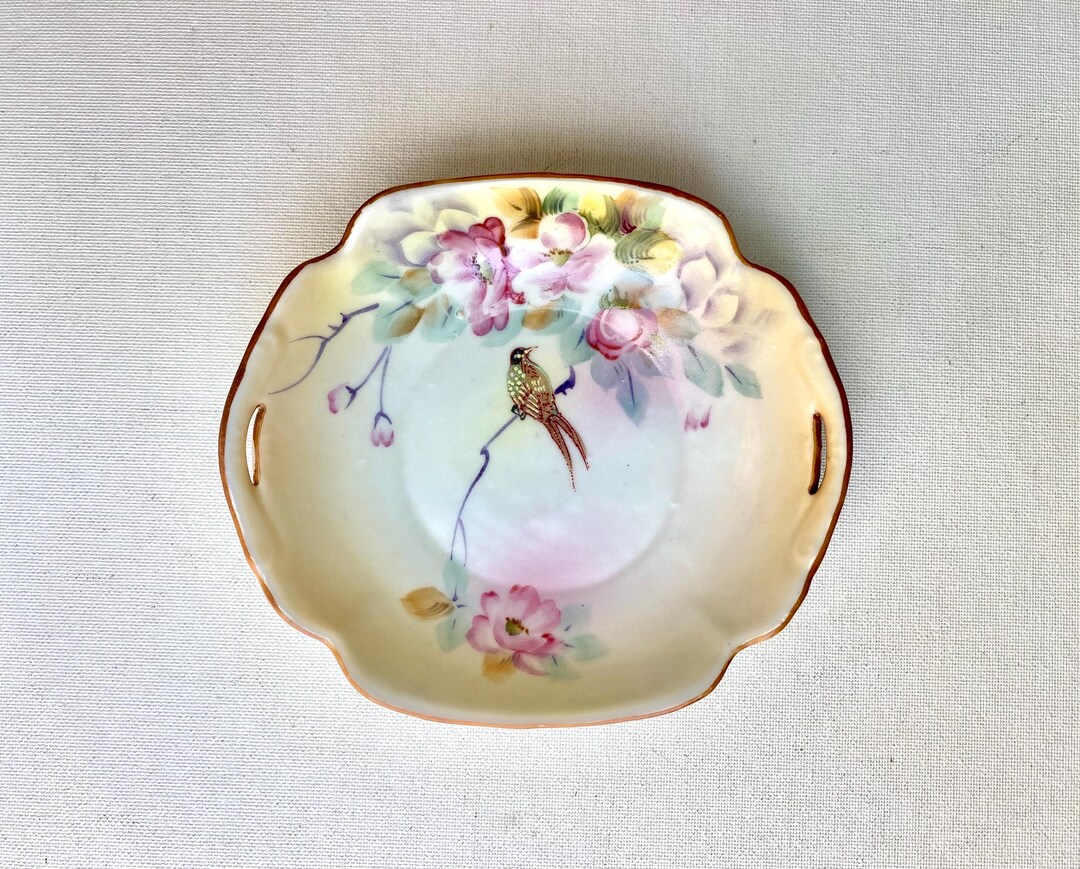 Vintage Nippon Nappy Dish, Hand Painted Bird & Blossoms, Double Handled ...