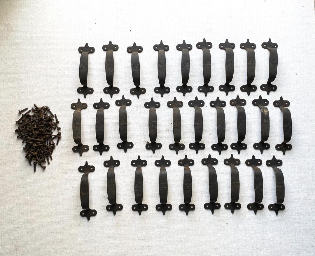28 - Primitive Antique Colonial Revival Iron Cabinet Handles - Etched ...
