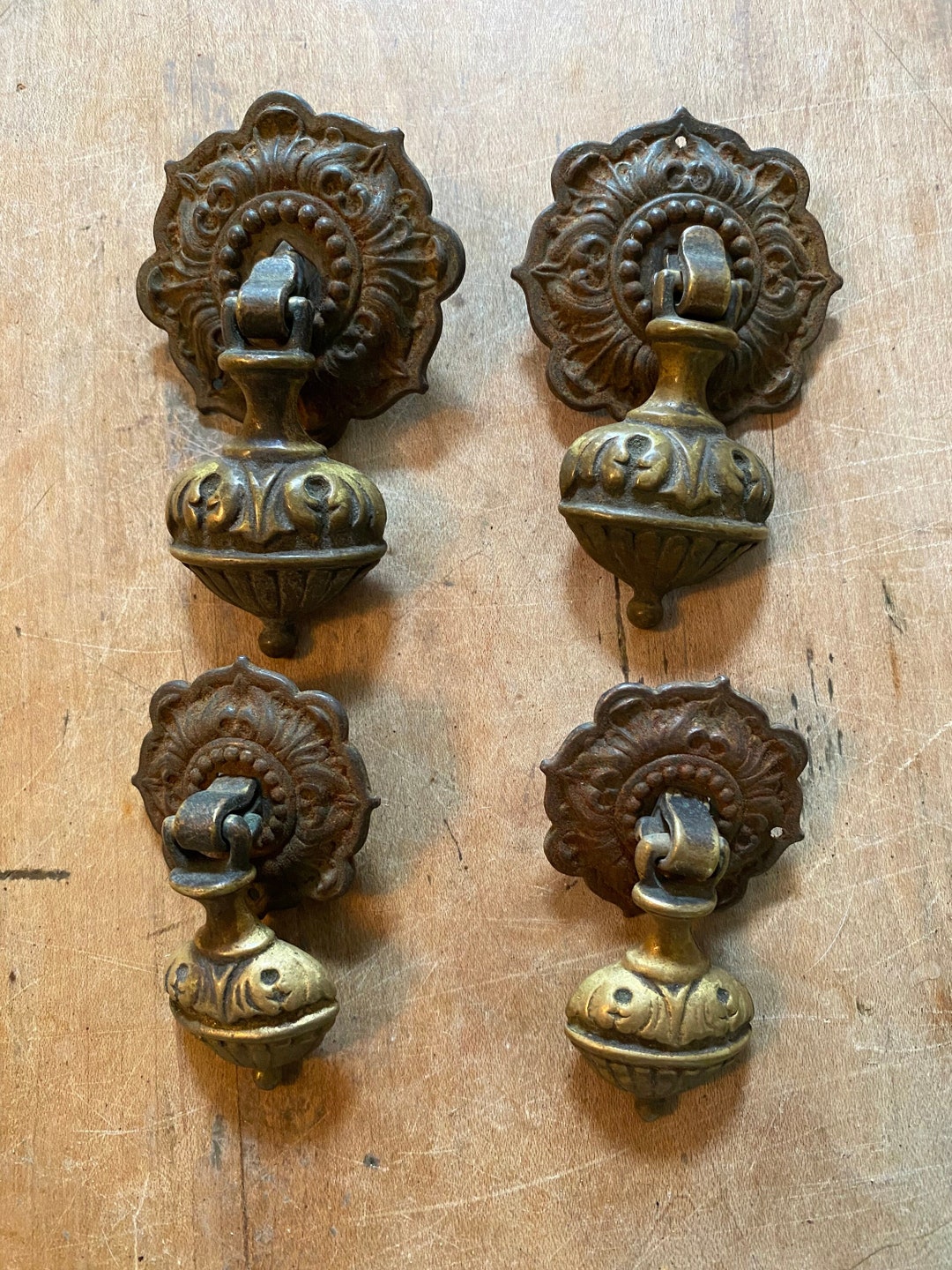 4 Rococo Brass Drop Drawer Pulls Two Sizes Solid Brass Drop Pull W/ Tin Escutcheon Plate - Etsy
