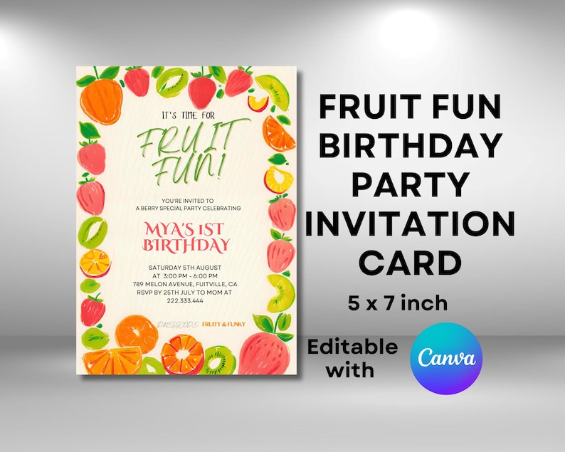 Dancing Fruit Birthday Invitation Canva, Printable 5x7, Editable Card ...