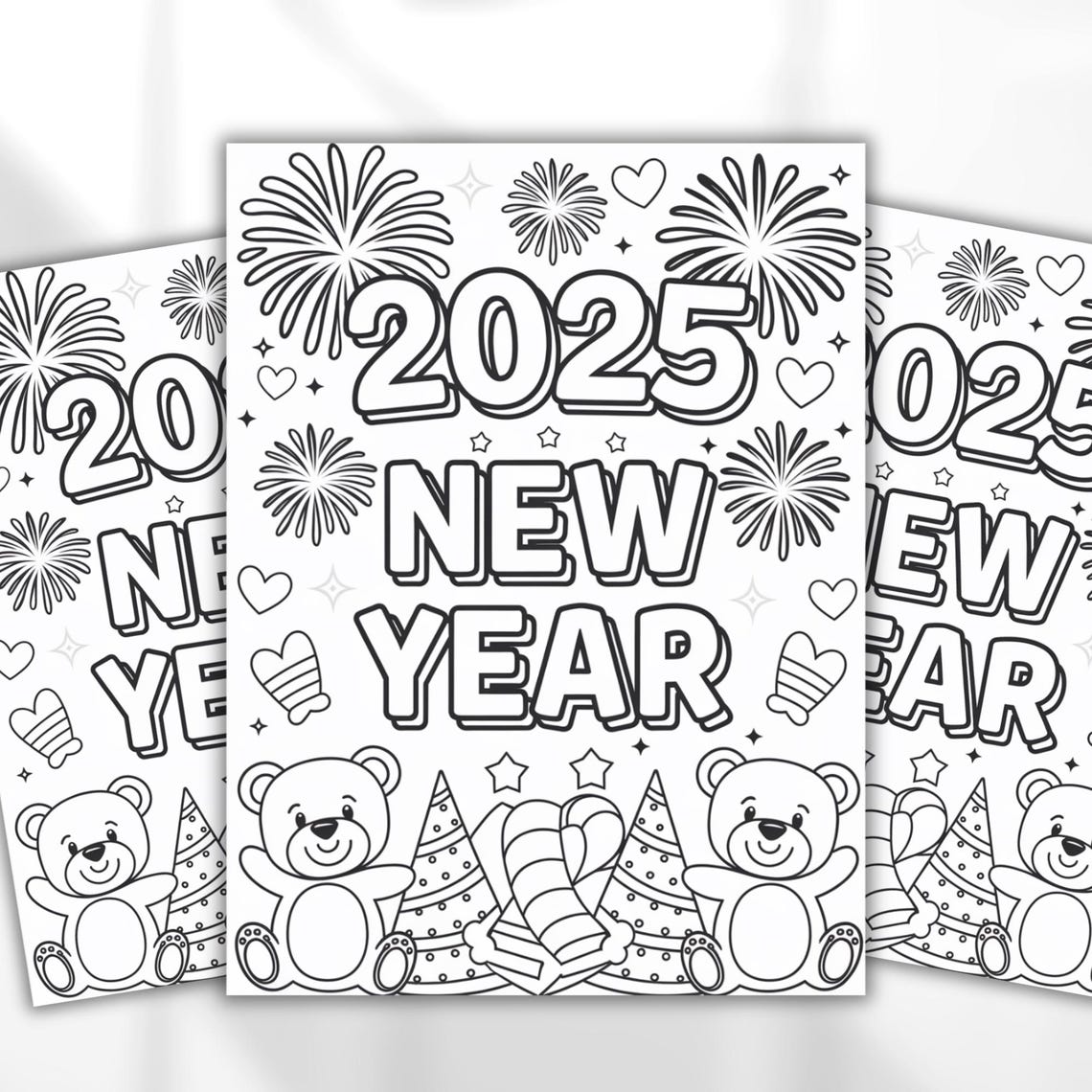 2025 Happy New Year Coloring Sheet Cute Teddy Bear Fun Coloring Page ...