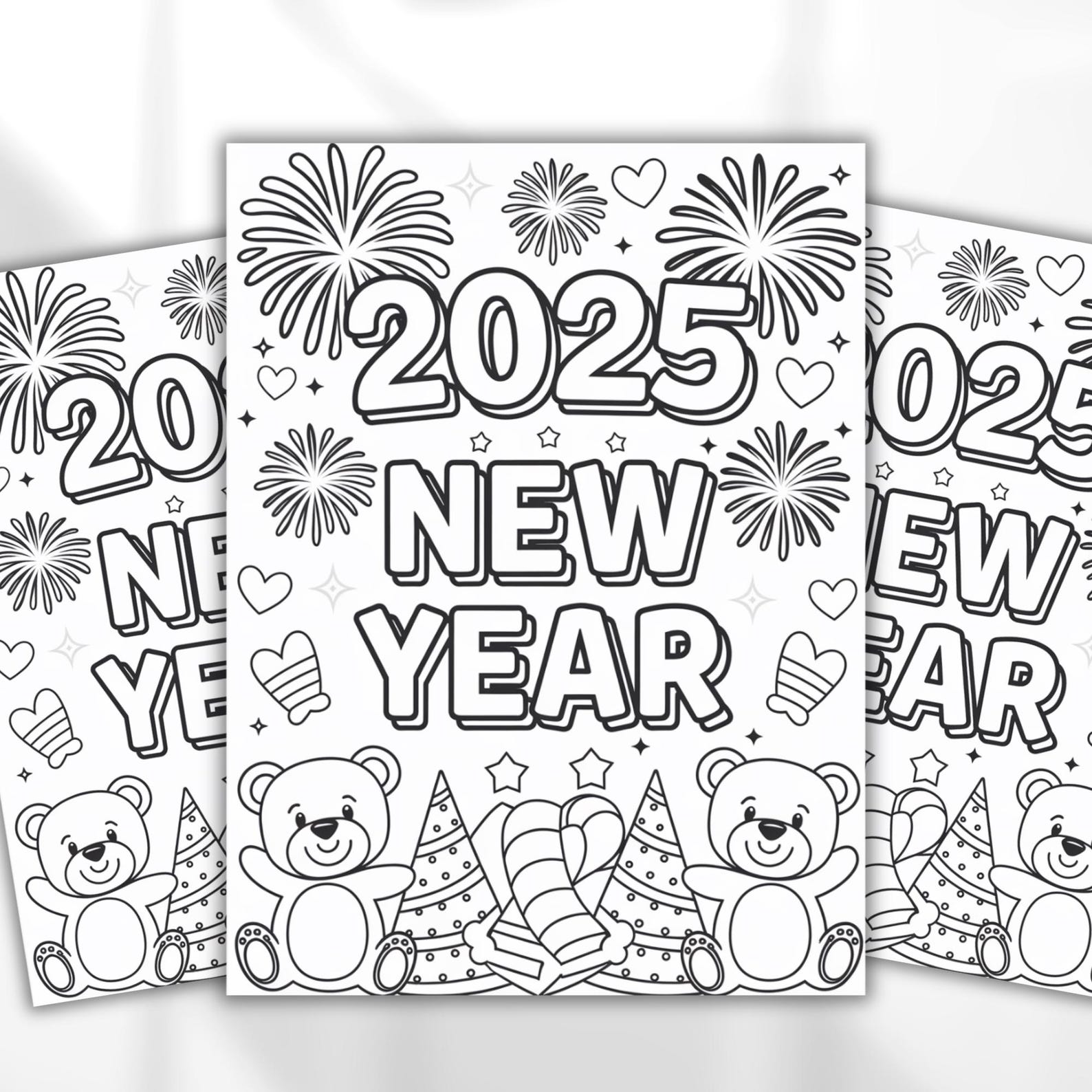 2025 Happy New Year Coloring Sheet Cute Teddy Bear Fun Coloring Page ...