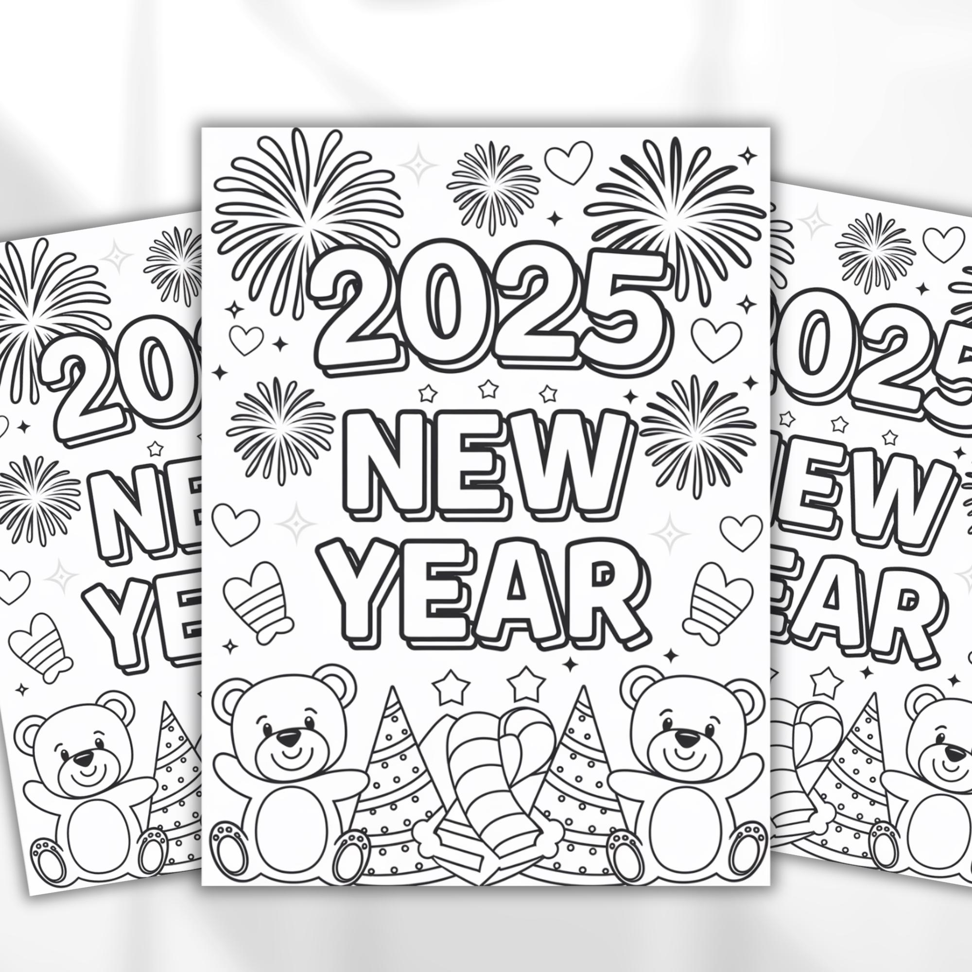 2025 Happy New Year Coloring Sheet Cute Teddy Bear Fun Coloring Page ...