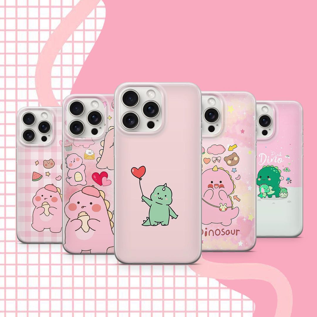 Kawaii Pink Dino Phone Case Cute Pink Dinosaur Animal Cover Fun T-rex ...