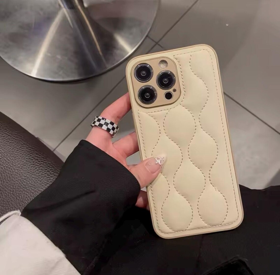 Padded Wave Curve Beige Down Jacket Phone Case for iPhone 13 11 12 14 ...