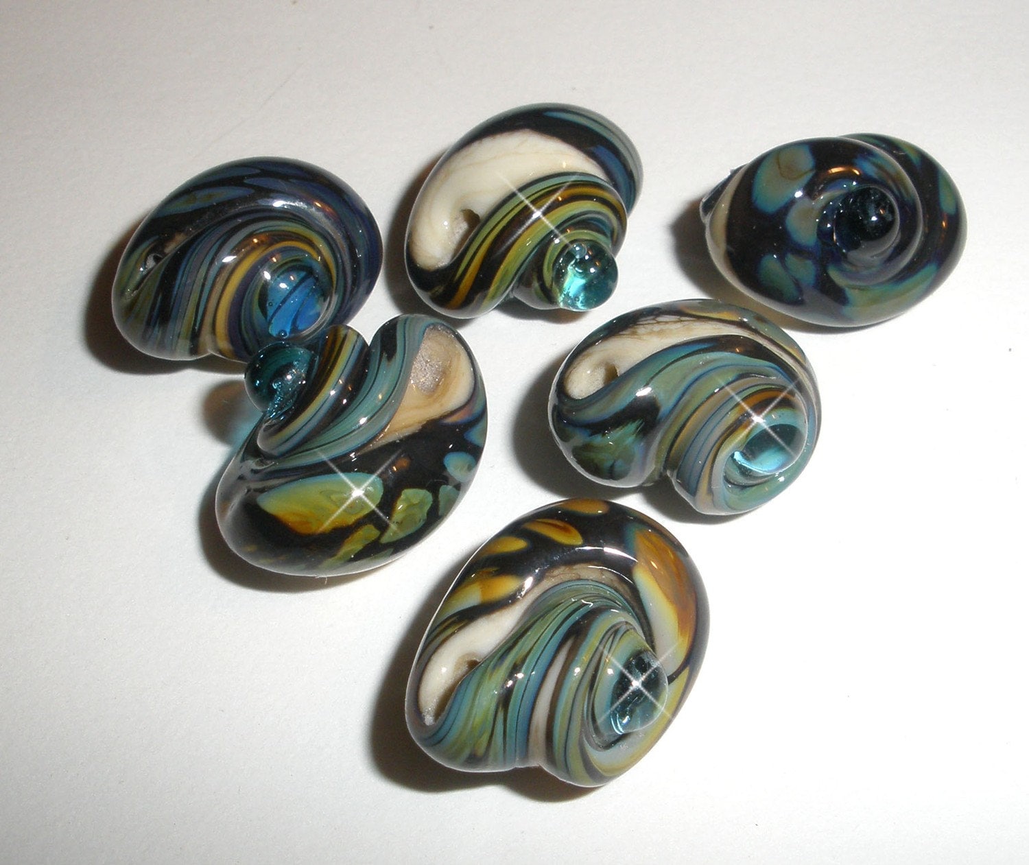 Escargot...set of 6 Shiny or Etched Handmade Lampwork Raku Glass Beads ...