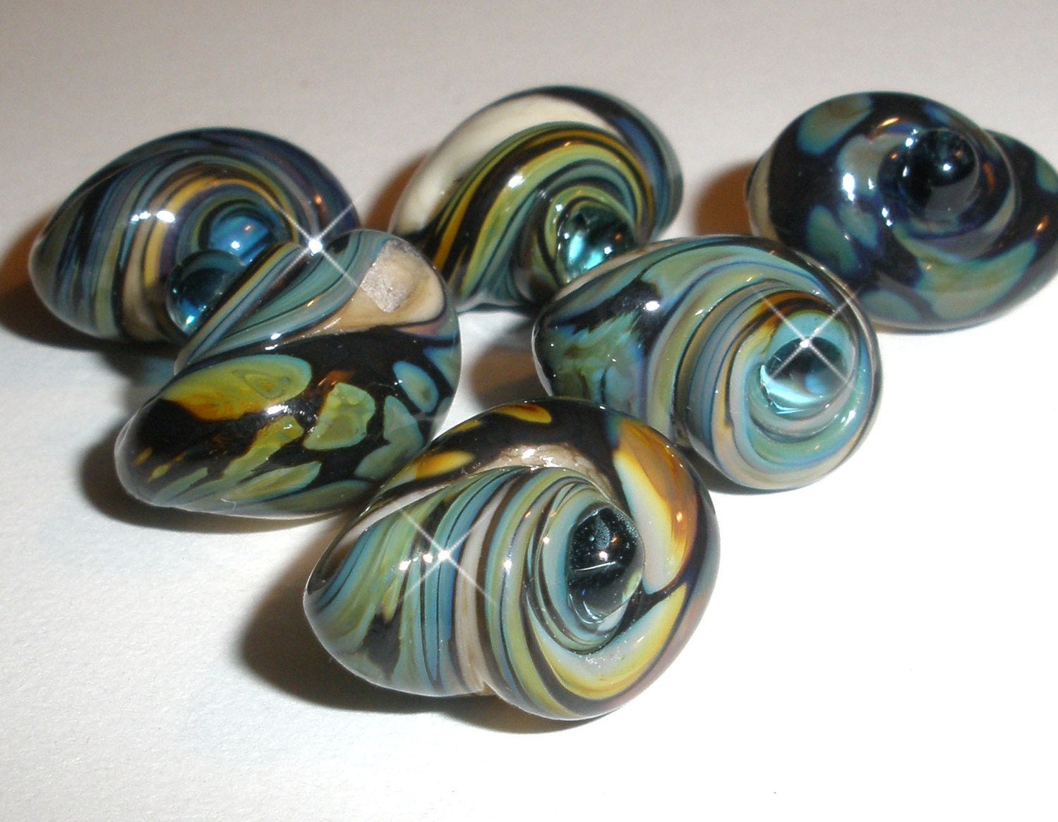 Escargot...set of 6 Shiny or Etched Handmade Lampwork Raku Glass Beads ...