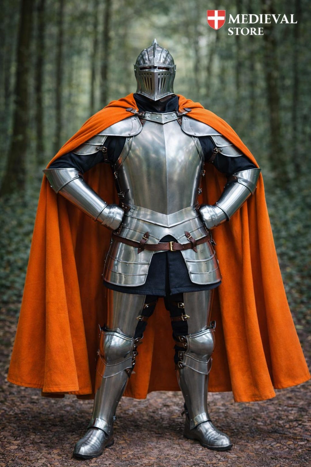 Medieval Full Plate Armor With Helmet & Orange Cloak – Knight Armor ...