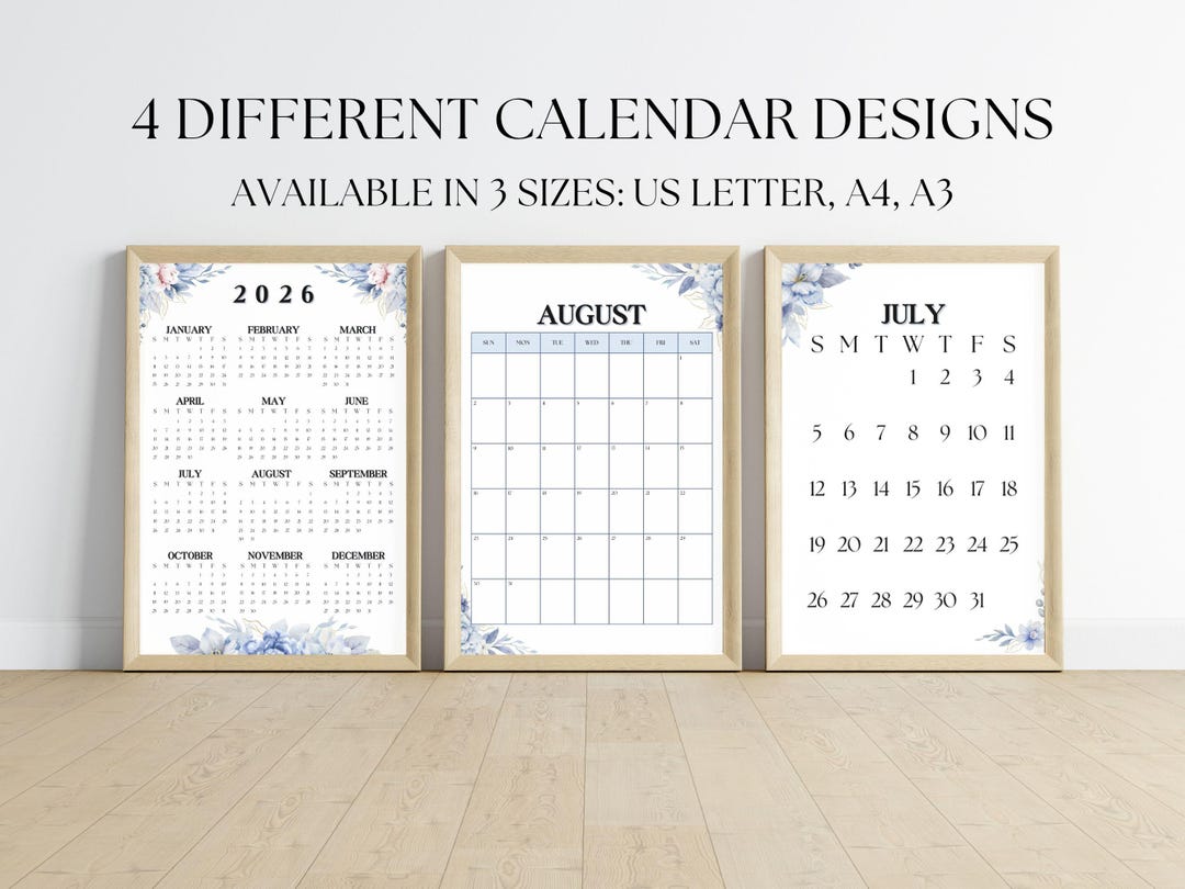 2026 Monthly Wall Calendar Printable Watercolor Blue Floral A3 A4 Giant ...