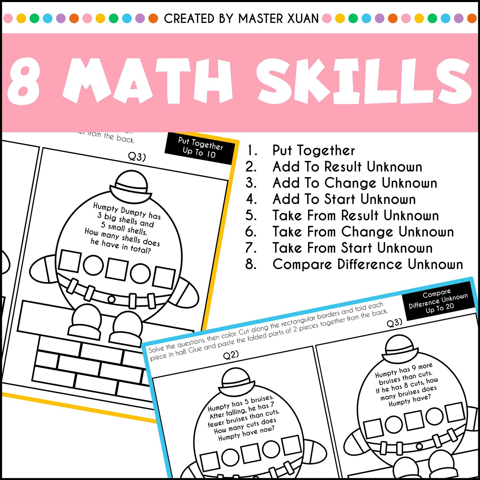 Addition and Subtraction up to 20 Word Problems Math Center 3D Humpty ...