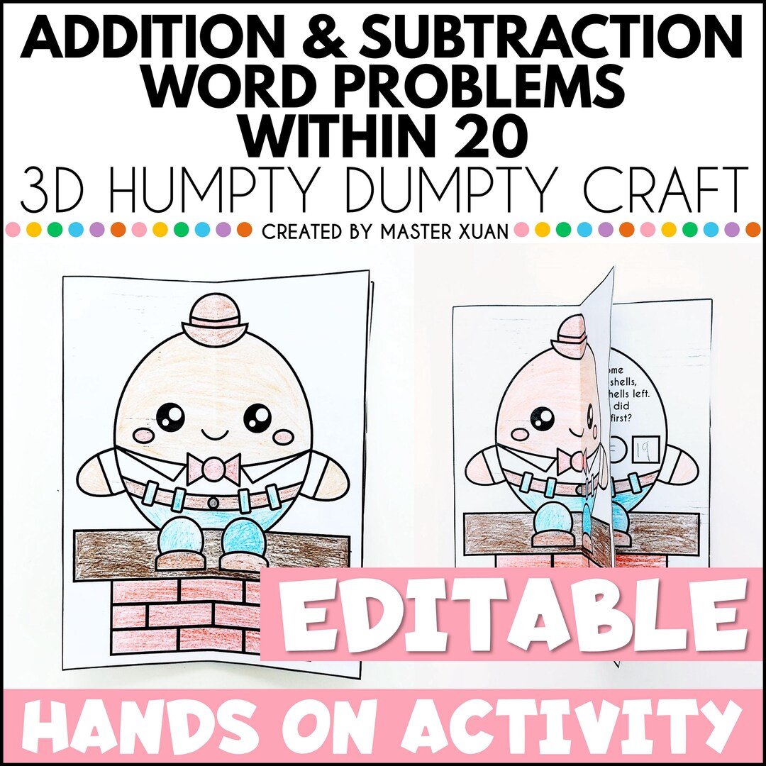 Addition and Subtraction up to 20 Word Problems Math Center 3D Humpty ...