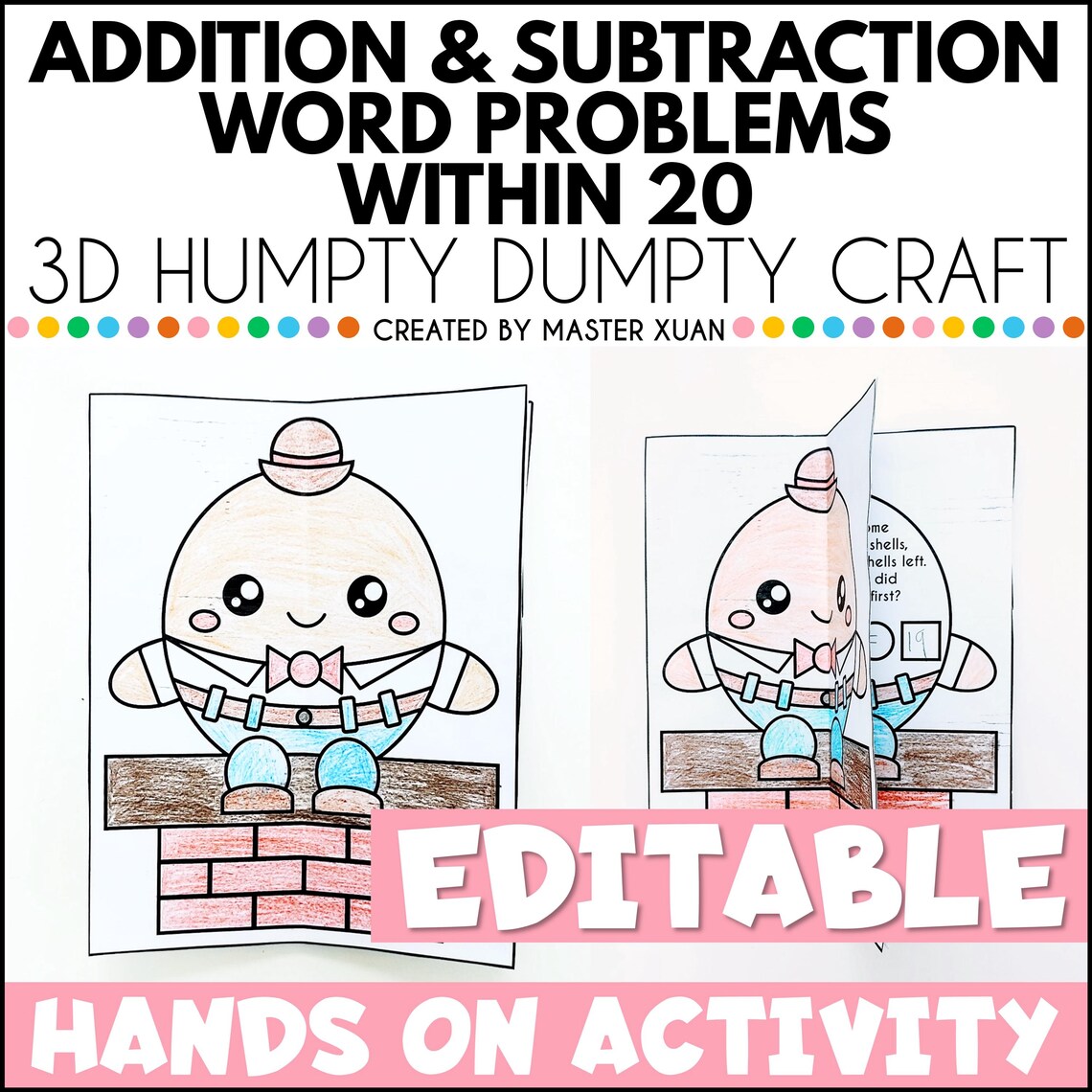 Addition and Subtraction up to 20 Word Problems Math Center 3D Humpty ...