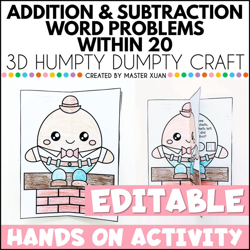 Addition and Subtraction up to 20 Word Problems Math Center 3D Humpty ...