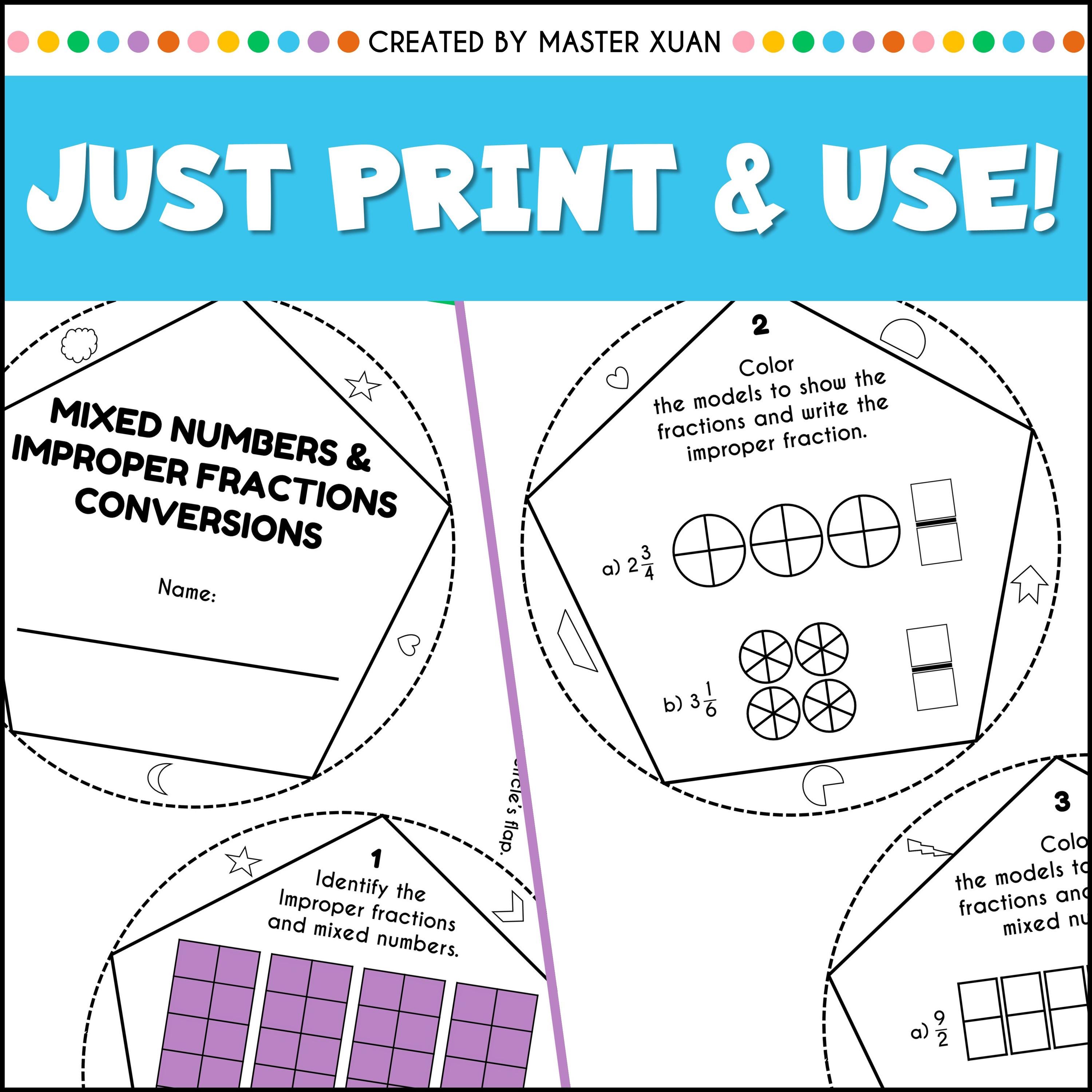 Mixed Numbers and Improper Fractions Math Craft Printable Activities ...